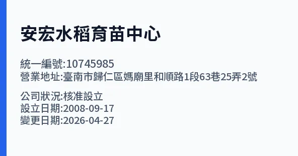 安宏水稻育苗中心的照片-統編 10745985(臺南市) 公司登記資料與營業項目詳細圖表