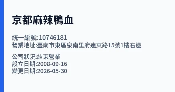 京都麻辣鴨血的照片-統編 10746181(臺南市) 公司登記資料與營業項目詳細圖表