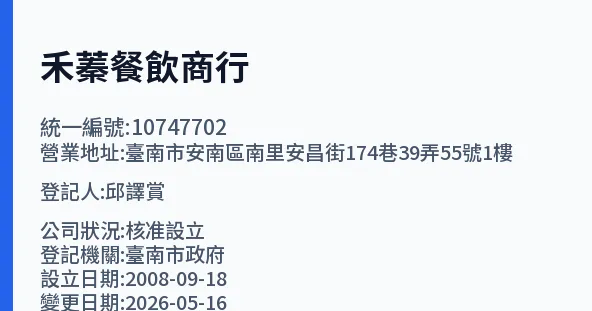 禾蓁餐飲商行的照片-統編 10747702(臺南市) 公司登記資料與營業項目詳細圖表
