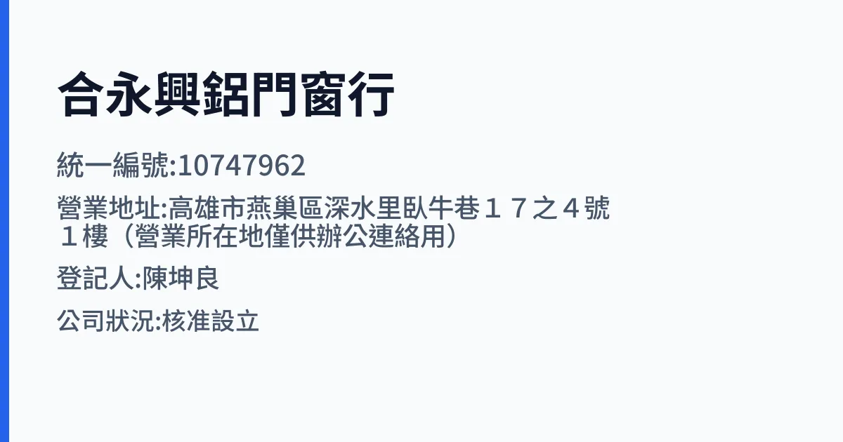 合永興鋁門窗行 - 統編 10747962(高雄市) 公司登記資料與營業項目詳細圖表