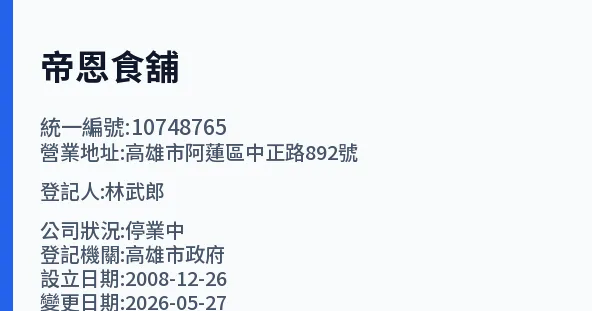 帝恩食舖的照片-統編 10748765(高雄市) 公司登記資料與營業項目詳細圖表
