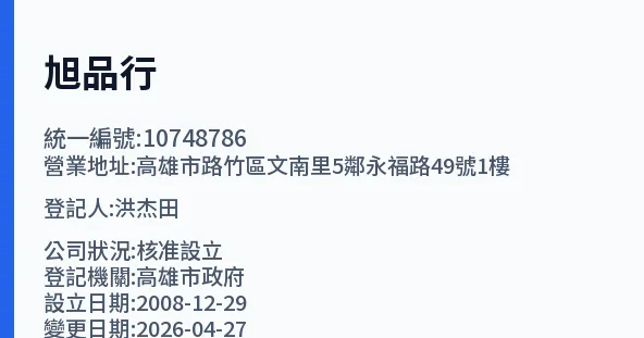旭品行的照片-統編 10748786(高雄市) 公司登記資料與營業項目詳細圖表