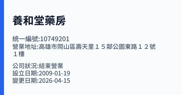 養和堂藥房的照片-統編 10749201(高雄市) 公司登記資料與營業項目詳細圖表