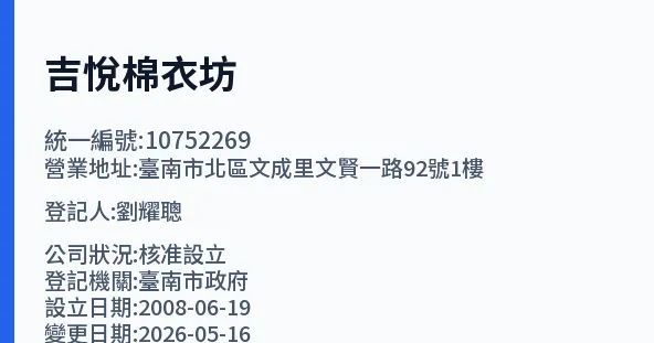 吉悅棉衣坊的照片-統編 10752269(臺南市) 公司登記資料與營業項目詳細圖表