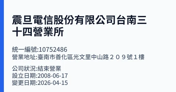 震旦電信股份有限公司台南三十四營業所的照片-統編 10752486(臺南市) 公司登記資料與營業項目詳細圖表