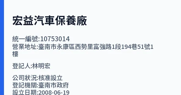 宏益汽車保養廠的照片-統編 10753014(臺南市) 公司登記資料與營業項目詳細圖表