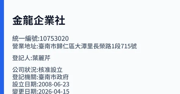 金龍企業社的照片-統編 10753020(臺南市) 公司登記資料與營業項目詳細圖表