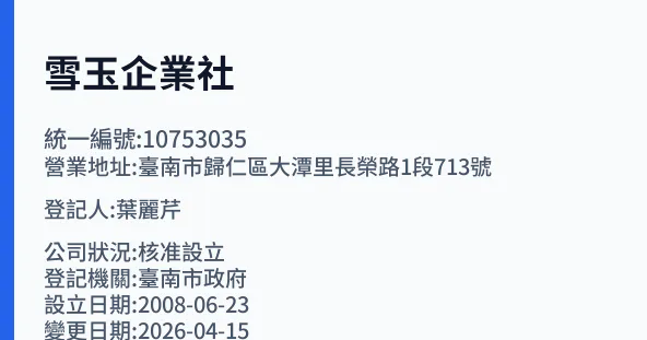 雪玉企業社的照片-統編 10753035(臺南市) 公司登記資料與營業項目詳細圖表