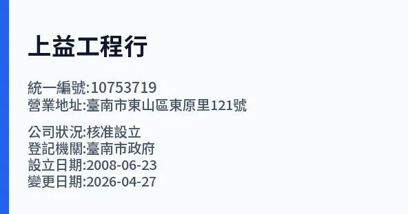 上益工程行的照片-統編 10753719(臺南市) 公司登記資料與營業項目詳細圖表