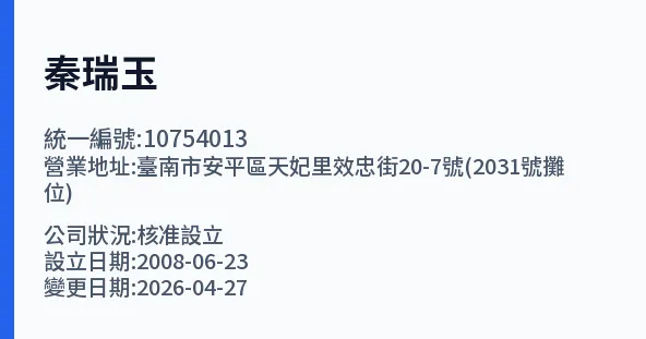 秦瑞玉的照片-統編 10754013(臺南市) 公司登記資料與營業項目詳細圖表