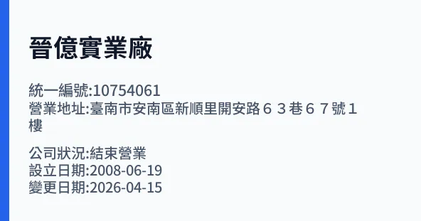晉億實業廠的照片-統編 10754061(臺南市) 公司登記資料與營業項目詳細圖表
