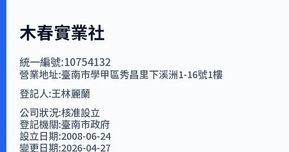 木春實業社的照片-統編 10754132(臺南市) 公司登記資料與營業項目詳細圖表