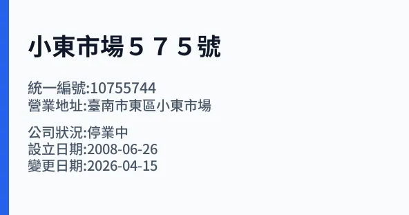 小東市場５７５號的照片-統編 10755744(臺南市) 公司登記資料與營業項目詳細圖表