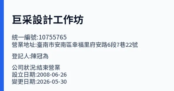巨采設計工作坊的照片-統編 10755765(臺南市) 公司登記資料與營業項目詳細圖表