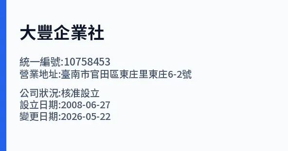 大豐企業社的照片-統編 10758453(臺南市) 公司登記資料與營業項目詳細圖表