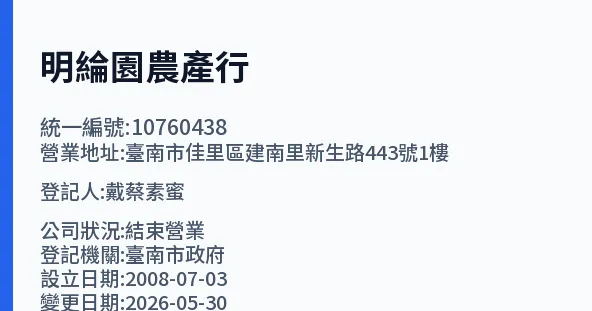 明綸園農產行的照片-統編 10760438(臺南市) 公司登記資料與營業項目詳細圖表