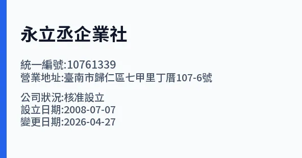 永立丞企業社的照片-統編 10761339(臺南市) 公司登記資料與營業項目詳細圖表