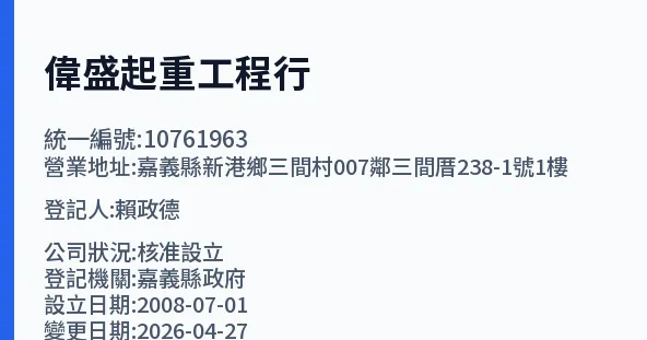 偉盛起重工程行的照片-統編 10761963(嘉義縣) 公司登記資料與營業項目詳細圖表