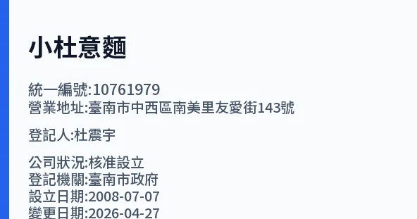 小杜意麵的照片-統編 10761979(臺南市) 公司登記資料與營業項目詳細圖表