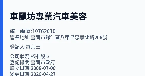 車麗坊專業汽車美容的照片-統編 10762610(臺南市) 公司登記資料與營業項目詳細圖表