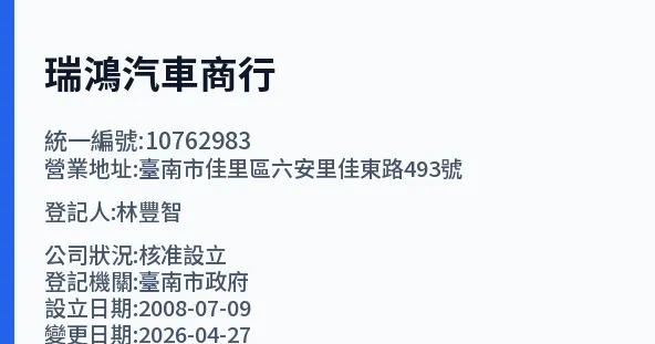 瑞鴻汽車商行的照片-統編 10762983(臺南市) 公司登記資料與營業項目詳細圖表