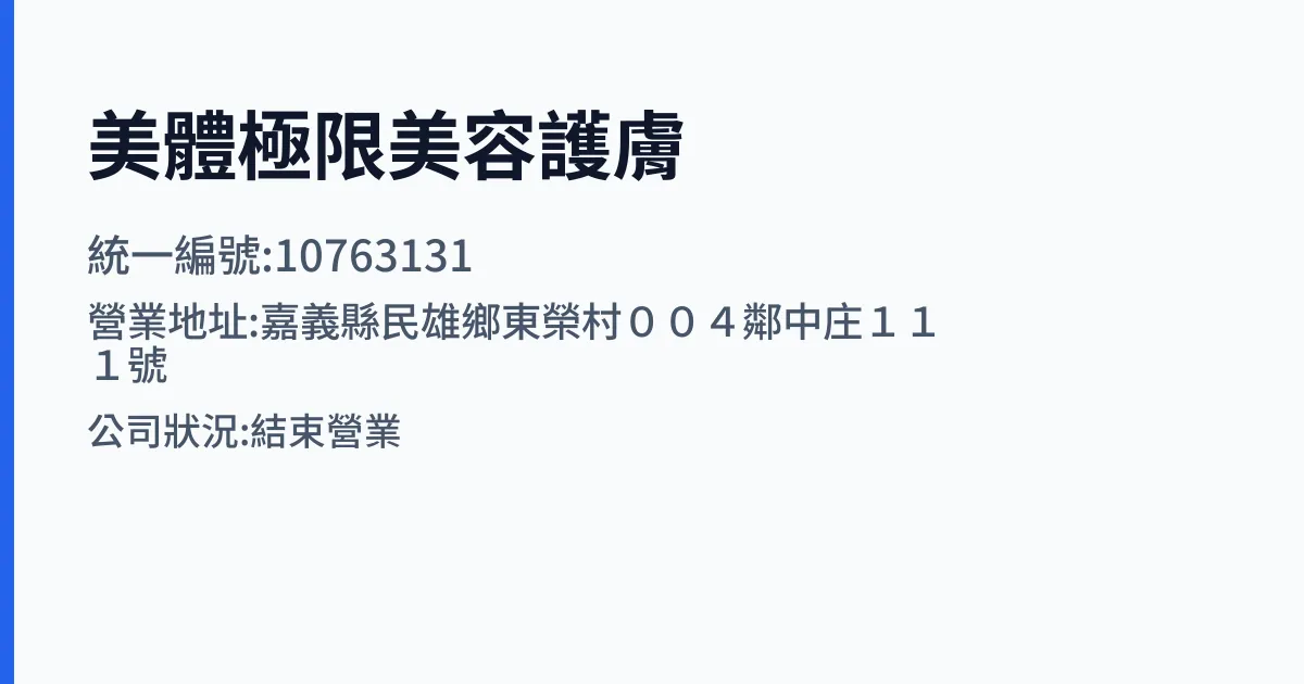 美體極限美容護膚 - 統編 10763131(嘉義縣) 公司登記資料與營業項目詳細圖表
