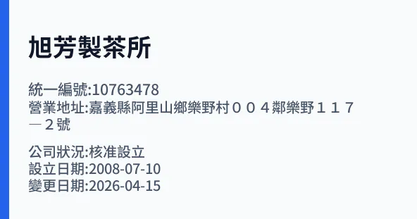 旭芳製茶所的照片-統編 10763478(嘉義縣) 公司登記資料與營業項目詳細圖表