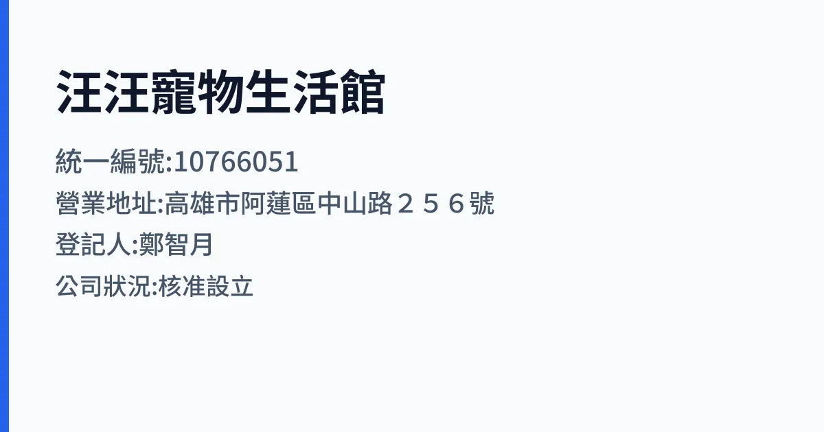 汪汪寵物生活館 - 統編 10766051(高雄市) 公司登記資料與營業項目詳細圖表