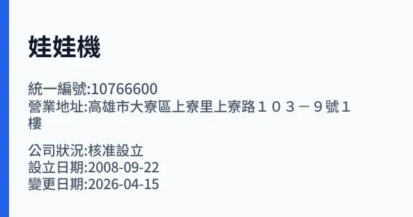 娃娃機的照片-統編 10766600(高雄市) 公司登記資料與營業項目詳細圖表