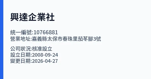 興達企業社的照片-統編 10766881(嘉義縣) 公司登記資料與營業項目詳細圖表