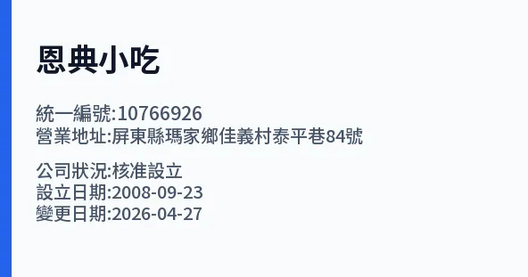 恩典小吃的照片-統編 10766926(屏東縣) 公司登記資料與營業項目詳細圖表
