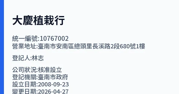 大慶植栽行的照片-統編 10767002(臺南市) 公司登記資料與營業項目詳細圖表