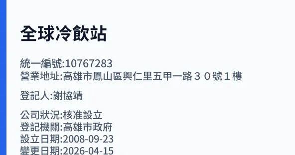 全球冷飲站的照片-統編 10767283(高雄市) 公司登記資料與營業項目詳細圖表