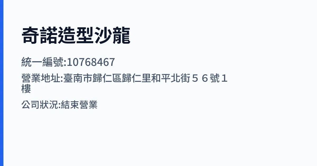 奇諾造型沙龍 - 統編 10768467(臺南市) 公司登記資料與營業項目詳細圖表