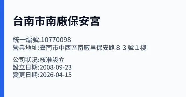 台南市南廠保安宮的照片-統編 10770098(臺南市) 公司登記資料與營業項目詳細圖表