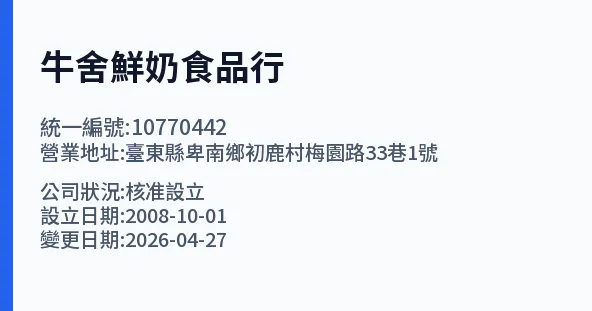 牛舍鮮奶食品行的照片-統編 10770442(臺東縣) 公司登記資料與營業項目詳細圖表