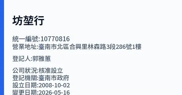 坊堃行的照片-統編 10770816(臺南市) 公司登記資料與營業項目詳細圖表