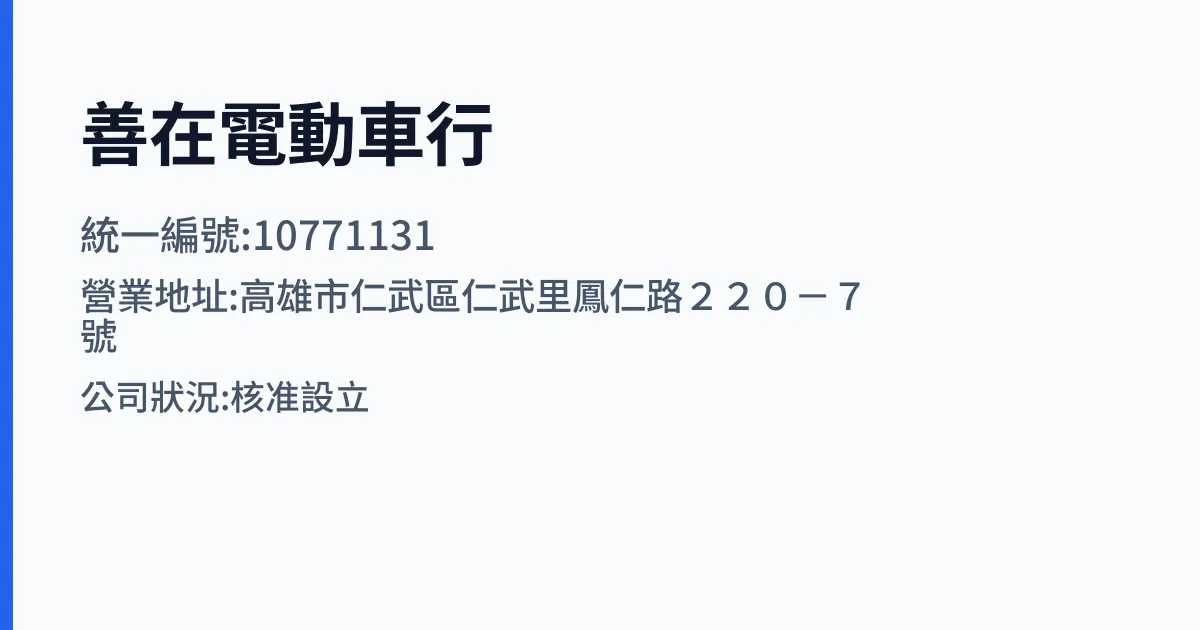 善在電動車行 - 統編 10771131(高雄市) 公司登記資料與營業項目詳細圖表