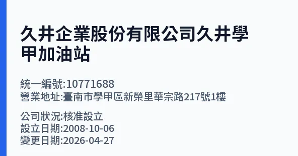 久井企業股份有限公司久井學甲加油站的照片-統編 10771688(臺南市) 公司登記資料與營業項目詳細圖表