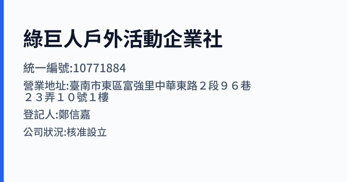 綠巨人戶外活動企業社 - 統編 10771884(臺南市) 公司登記資料與營業項目詳細圖表