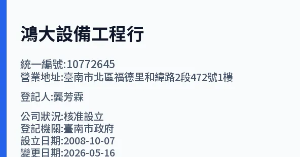 鴻大設備工程行的照片-統編 10772645(臺南市) 公司登記資料與營業項目詳細圖表