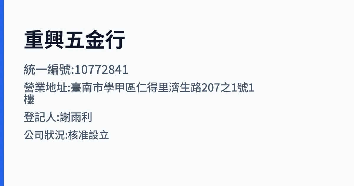 重興五金行 - 統編 10772841(臺南市) 公司登記資料與營業項目詳細圖表