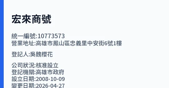 宏來商號的照片-統編 10773573(高雄市) 公司登記資料與營業項目詳細圖表