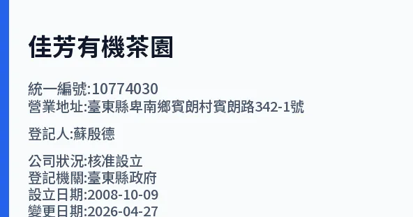 佳芳有機茶園的照片-統編 10774030(臺東縣) 公司登記資料與營業項目詳細圖表