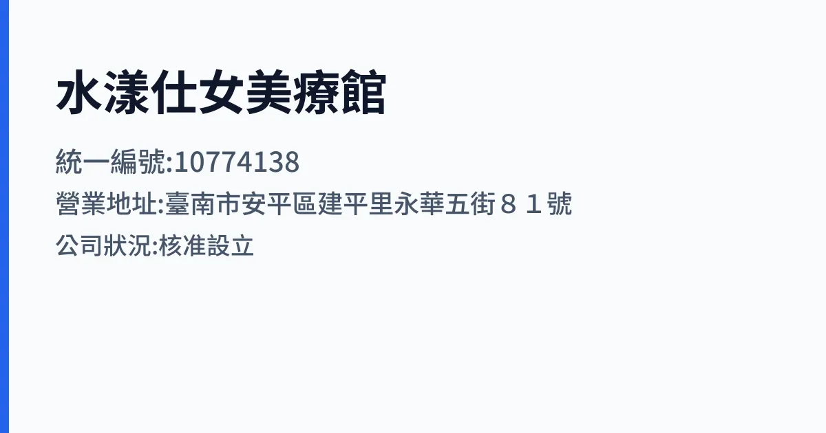 水漾仕女美療館 - 統編 10774138(臺南市) 公司登記資料與營業項目詳細圖表