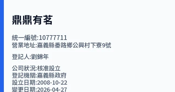 鼎鼎有茗的照片-統編 10777711(嘉義縣) 公司登記資料與營業項目詳細圖表