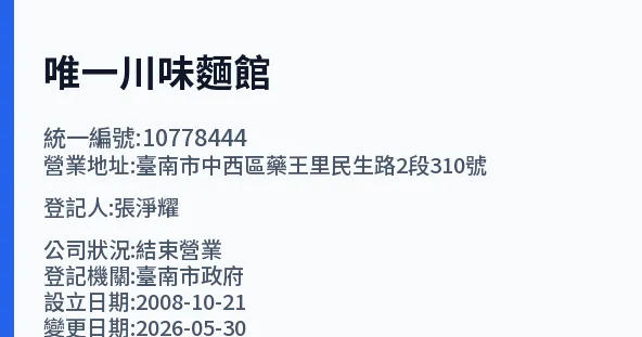 唯一川味麵館的照片-統編 10778444(臺南市) 公司登記資料與營業項目詳細圖表