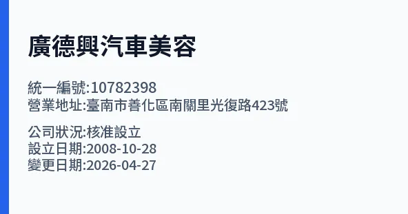 廣德興汽車美容的照片-統編 10782398(臺南市) 公司登記資料與營業項目詳細圖表