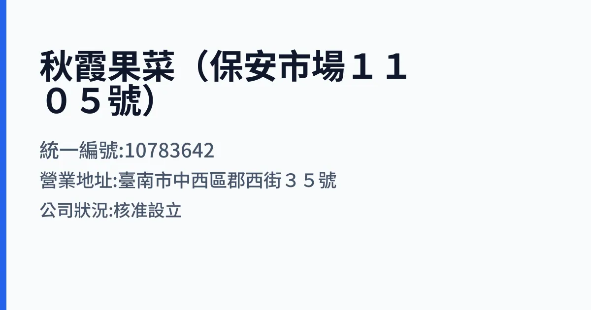 秋霞果菜(保安市場1105號) - 統編 10783642(臺南市) 公司登記資料與營業項目詳細圖表