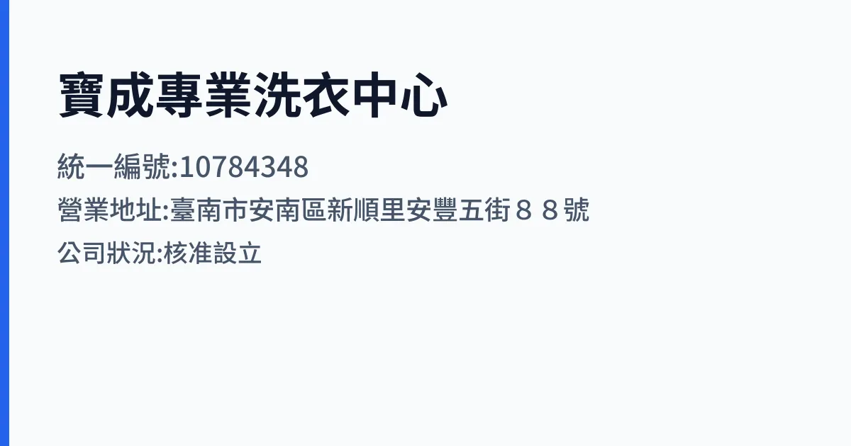 寶成專業洗衣中心 - 統編 10784348（臺南市） 公司登記資料與營業項目詳細圖表